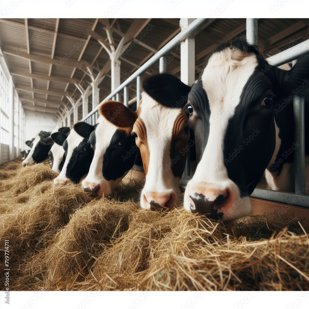 Cows, Group of cows at cowshed eating hay or fodder on dairy farm, vacas en el establo, коровы в ...