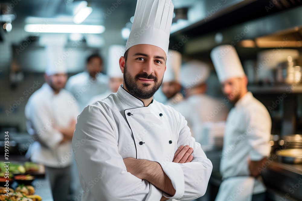 Confident Male Chef with Classic White Uniform Leading Kitchen Staff ...