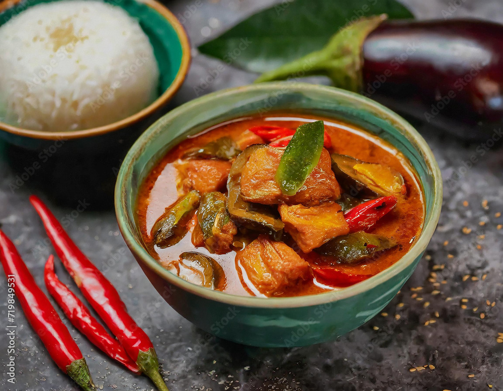 Thai pork curry with a spicy kick, served alongside rice on a rustic ...