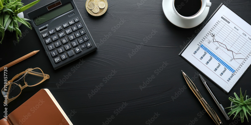accounting work space with calculator, profit and tables on dark desk ...