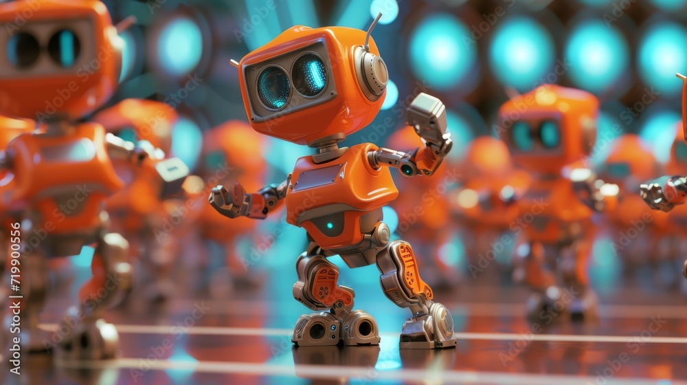 Cartoon scene A robot trying to join in on a group dance but its stiff ...