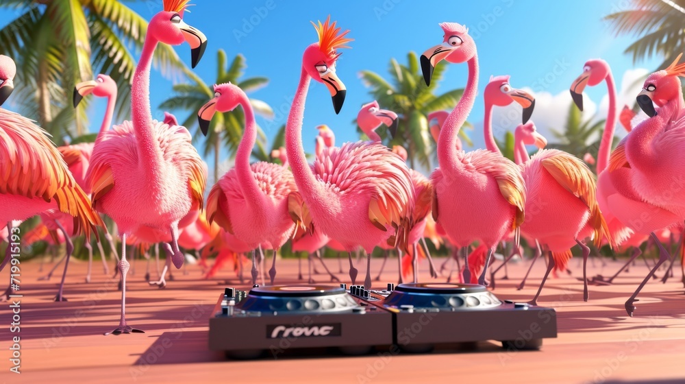 Cartoon scene of a flamboyant fiesta with a DJ flamingo spinning tunes ...