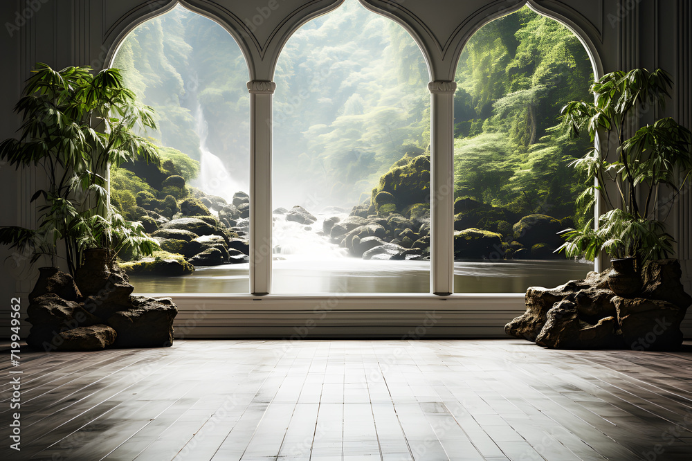 Open wooden windows or door brown wooden floor with a view of waterfall ...