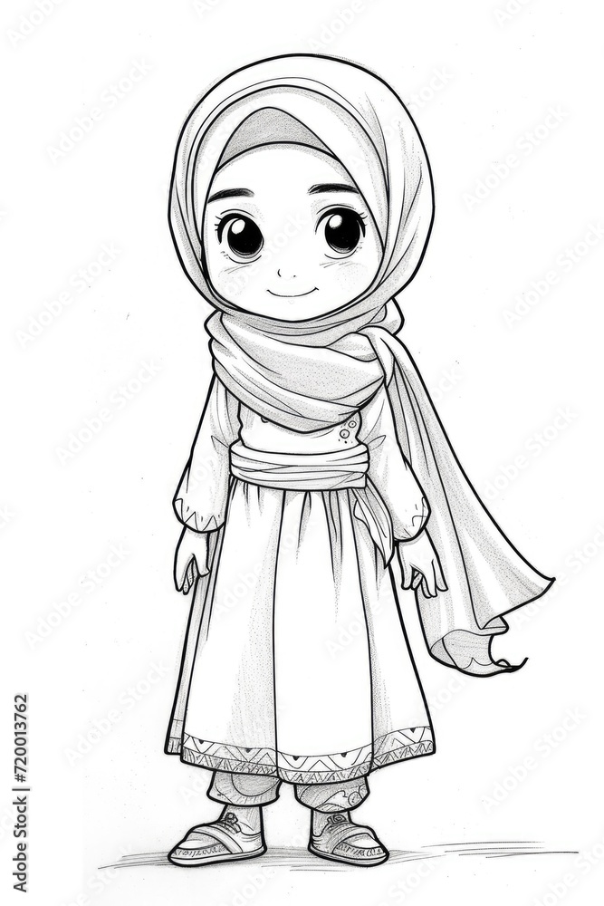 Muslim girl coloring page for children printable template Stock ...