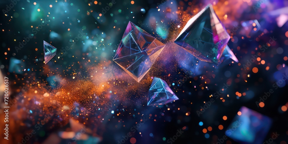 Holographic representation featuring geometric shapes suspended in a ...