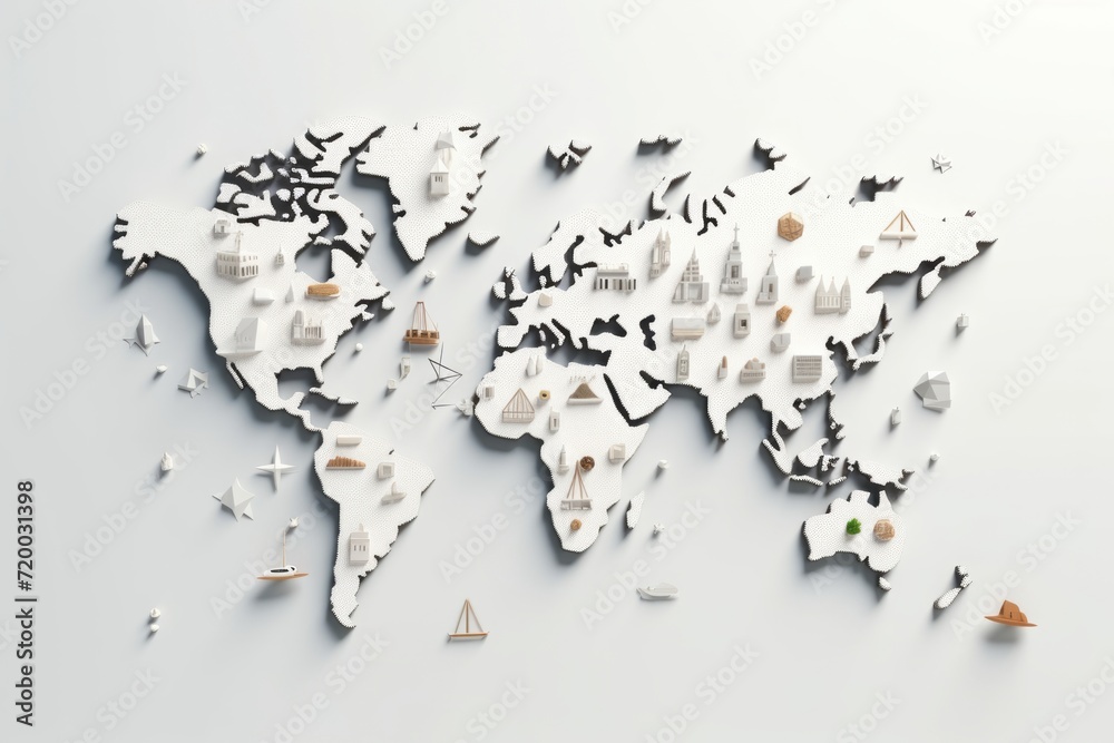 World Map with Icons Representing Famous Landmarks, Featured on a ...