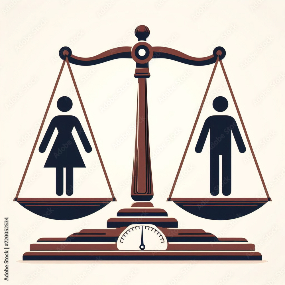 Equal male and female tiny employees standing on balance scale. Vector ...