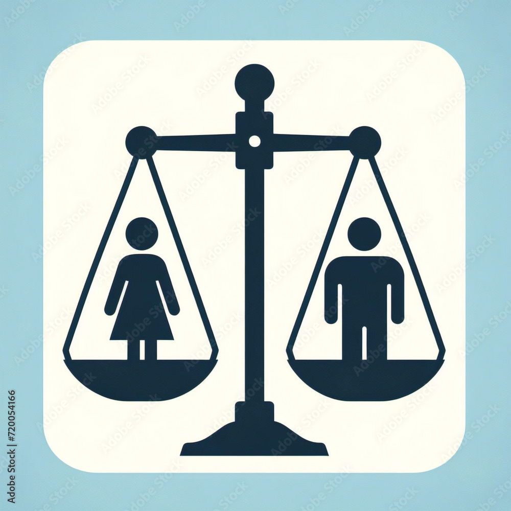 Equal male and female tiny employees standing on balance scale. Vector ...