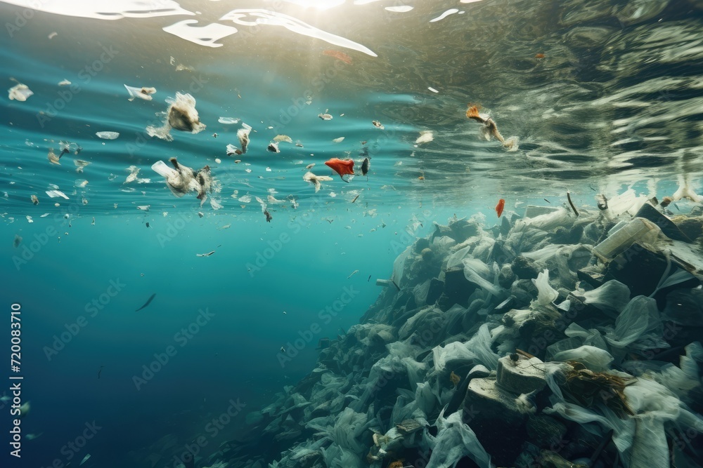 Water of ocean is full of plastic waste and dead sleeping fish ...