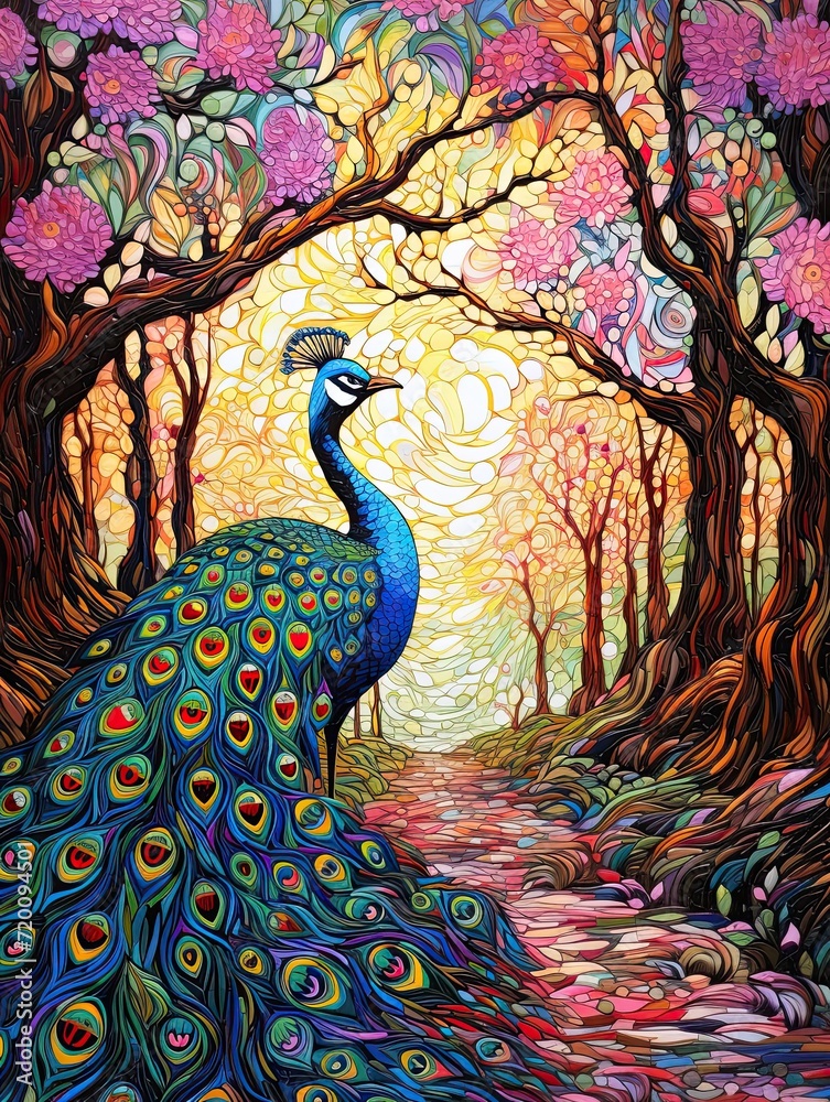 Elegant Peacock Pathway: Stunning Tree Line Artwork capturing an ...