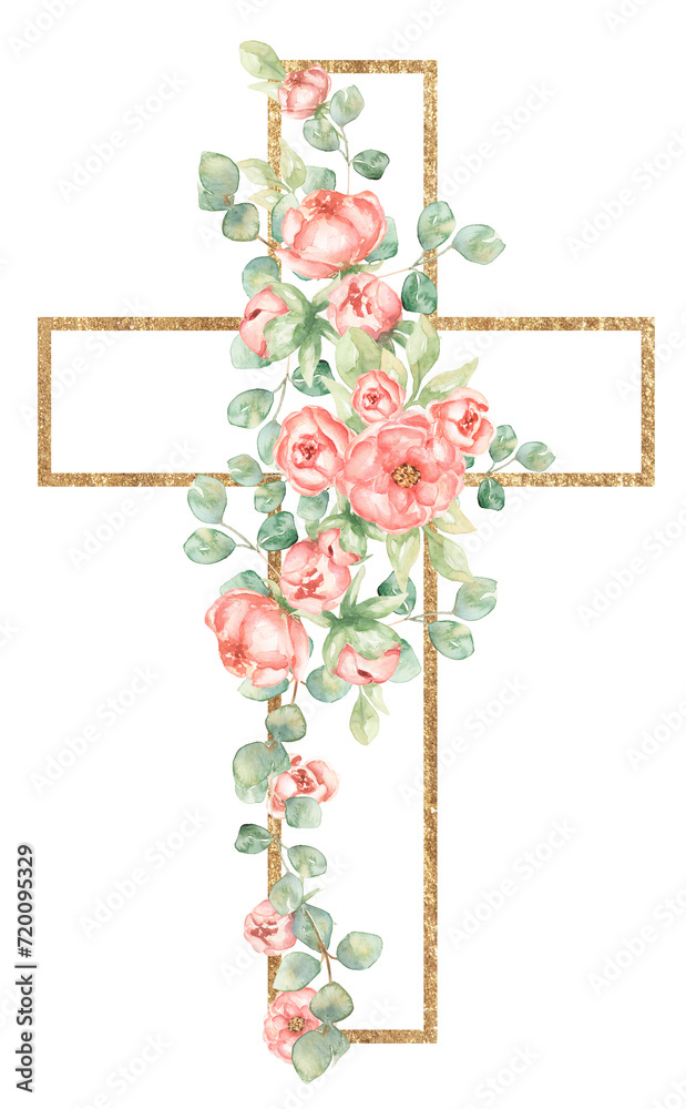 Watercolor hand painted Pink Florals Cross Clipart, Easter Religious ...