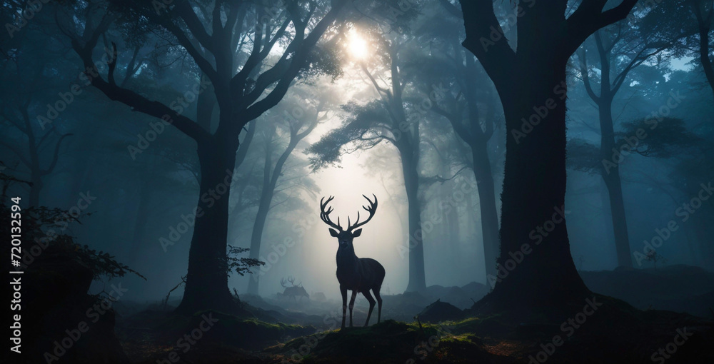 Silhouette of male deer in the dreamy deep forest in the misty morning ...