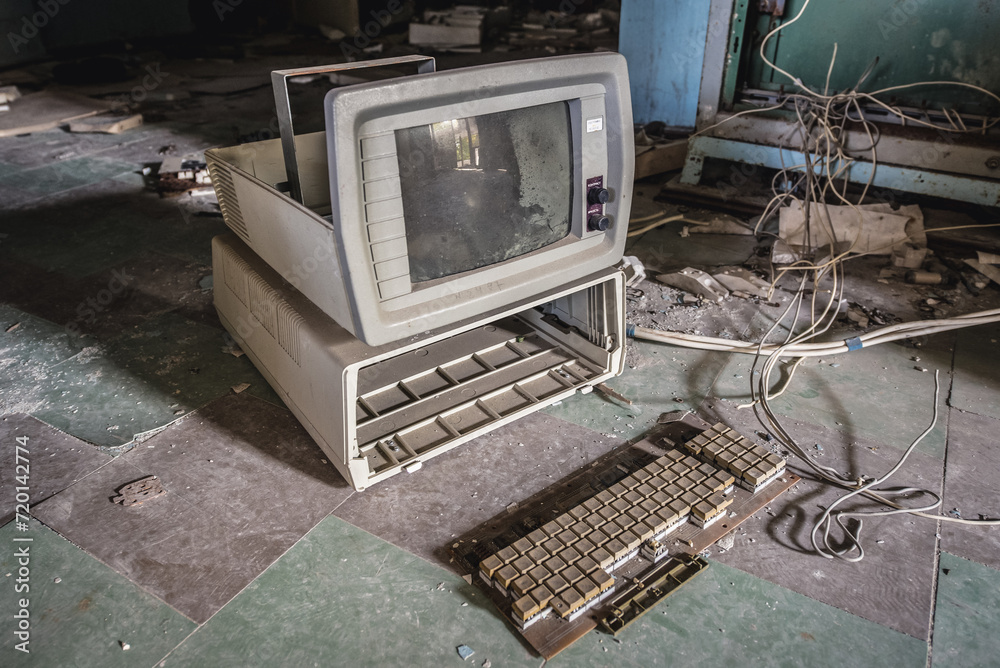 Chernobyl Zone, Ukraine - October 1, 2014: Old computer in Jupiter ...