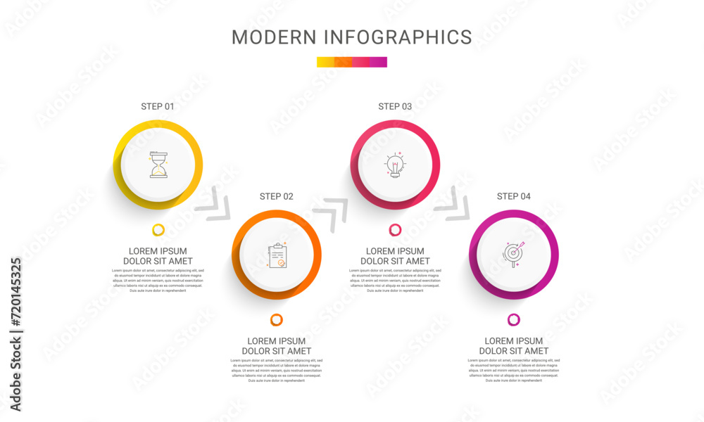 Business vector infographics with four circles and arrows. Timeline visualization with 4 steps ...