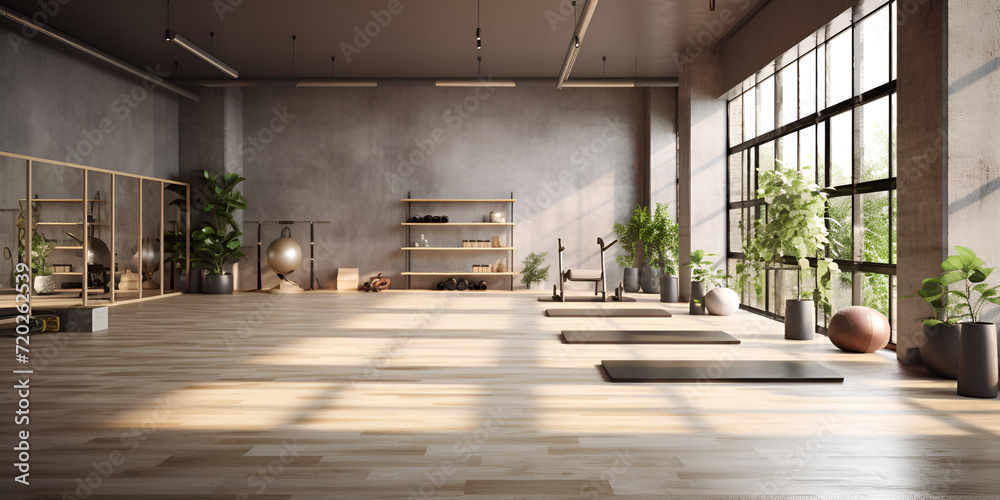 Interior of a modern yoga studio with wooden floor and large windows ...