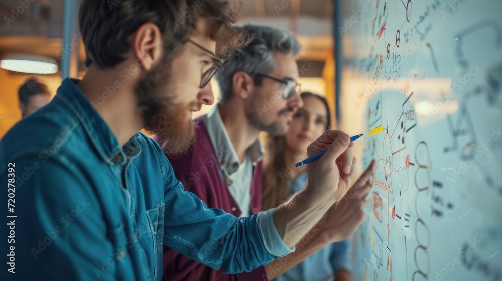 Stock-Foto „Creative Minds at Work: Team Collaborating on a Whiteboard, Mapping Solutions for a ...
