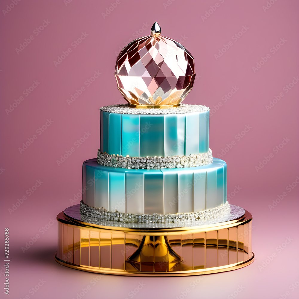 wedding Cake with gem and diamonds on top, gold icing garnish mirror ...