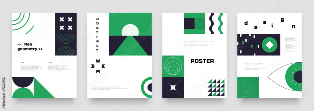 Geometric posters. Abstract color cards. Minimal figures collage. Green ...
