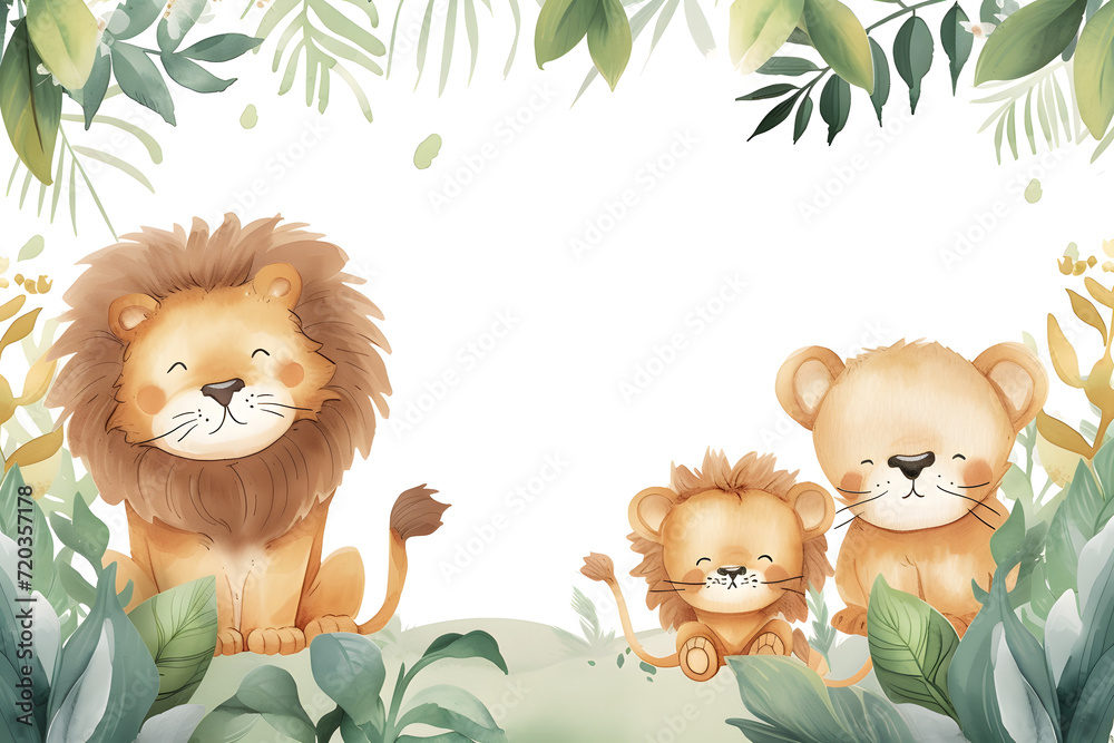 Cute cartoon lion frame border on background in watercolor style. Stock ...