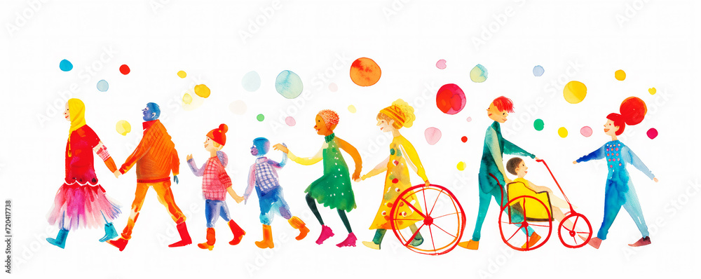 Colorful art watercolor painting depicts a diverse group of ...