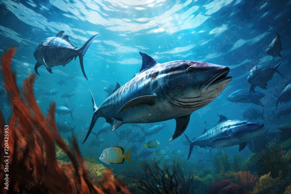 A mesmerizing image capturing a group of powerful sharks gracefully ...