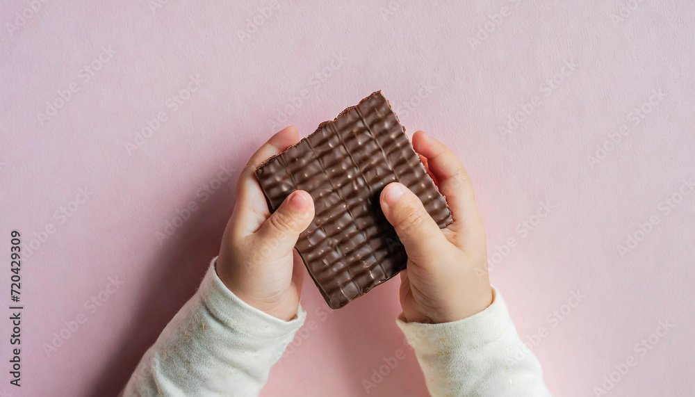 Baby girl hand holding bitten soft dark brown bar of chocolate biscuit ...