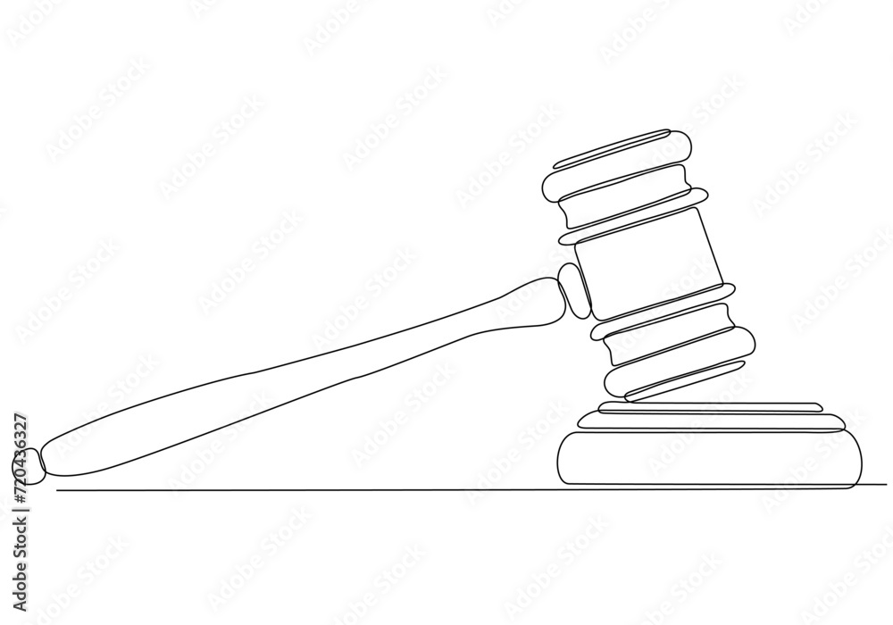 Continuous line drawing of judges gavel on black and white background ...