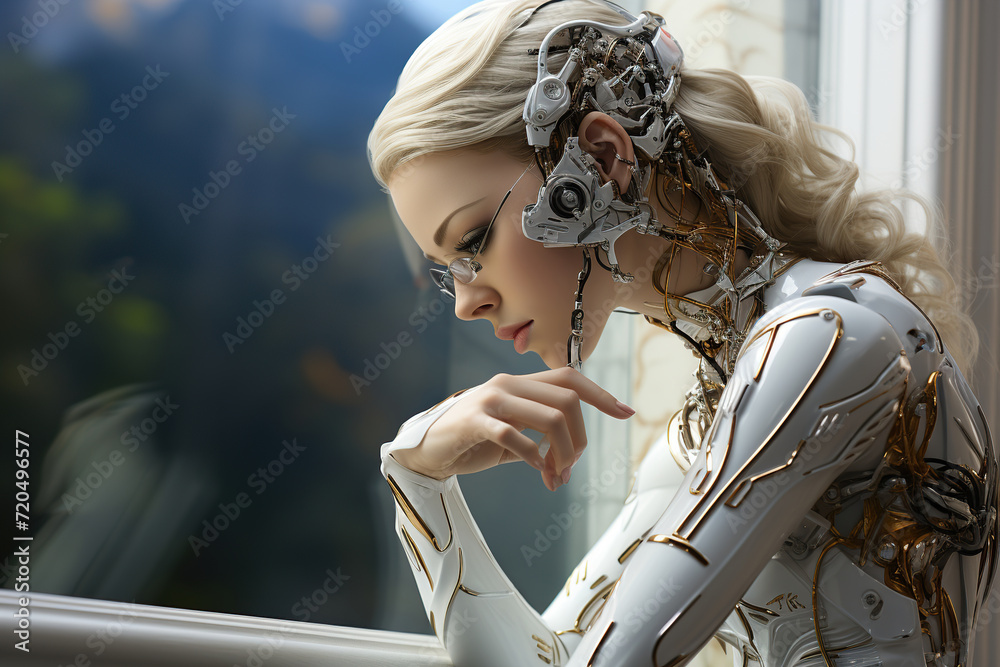 Female cyborg with intricate mechanical parts blending human emotion ...