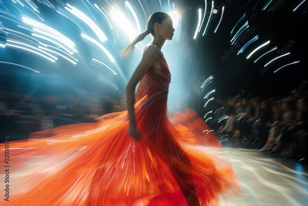 In Action Shot On The Catwalk, Supermodel Is Captured Midturn. Сoncept ...