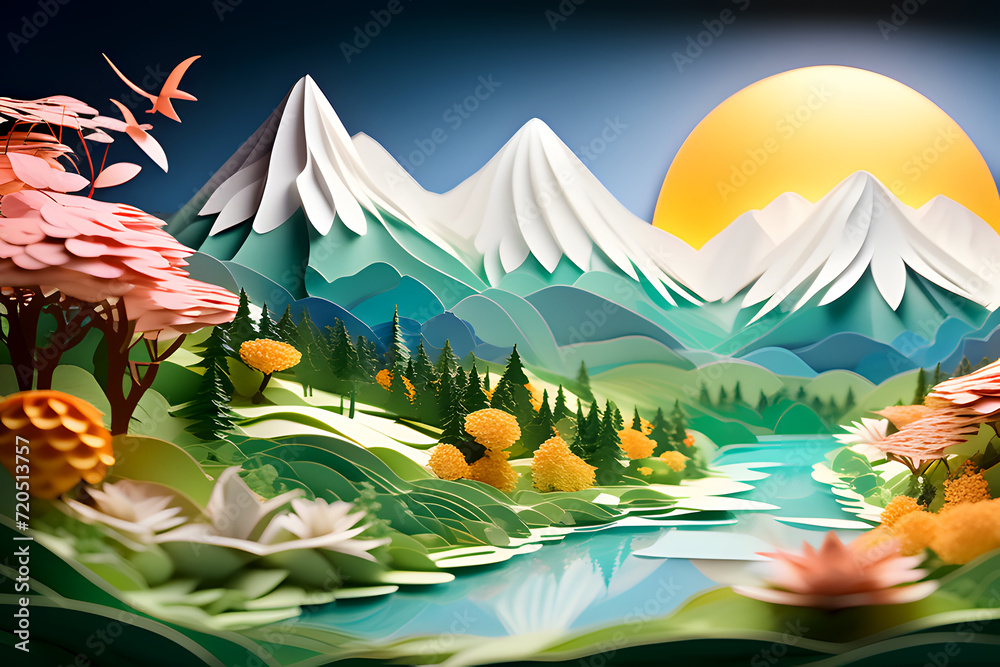 3D Papercut art of nature scene Papercraft snowy mountain river forest ...