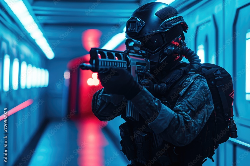 Soldier aiming a weapon in a corridor with red lighting. Counter ...