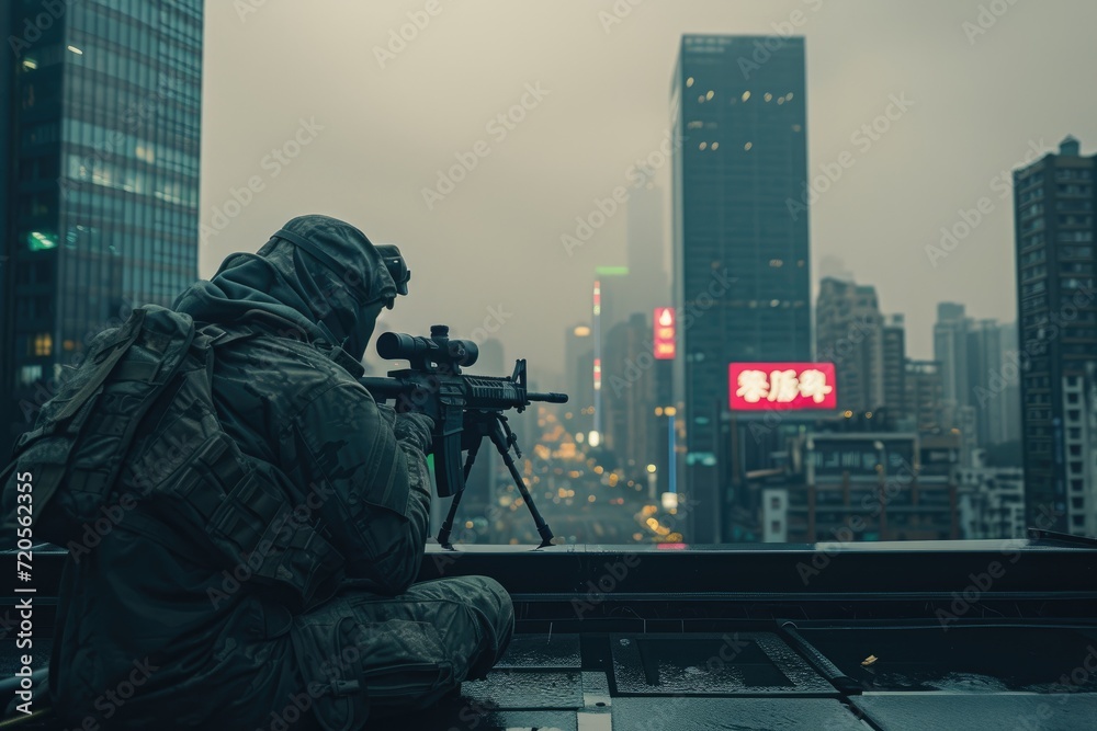 Sniper positioned on a city rooftop with a cityscape background. Urban ...
