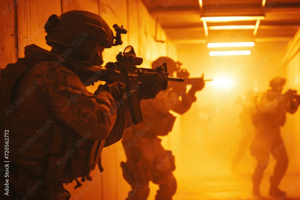 Stockillustratie Armed forces conducting a room clearance with smoke ...