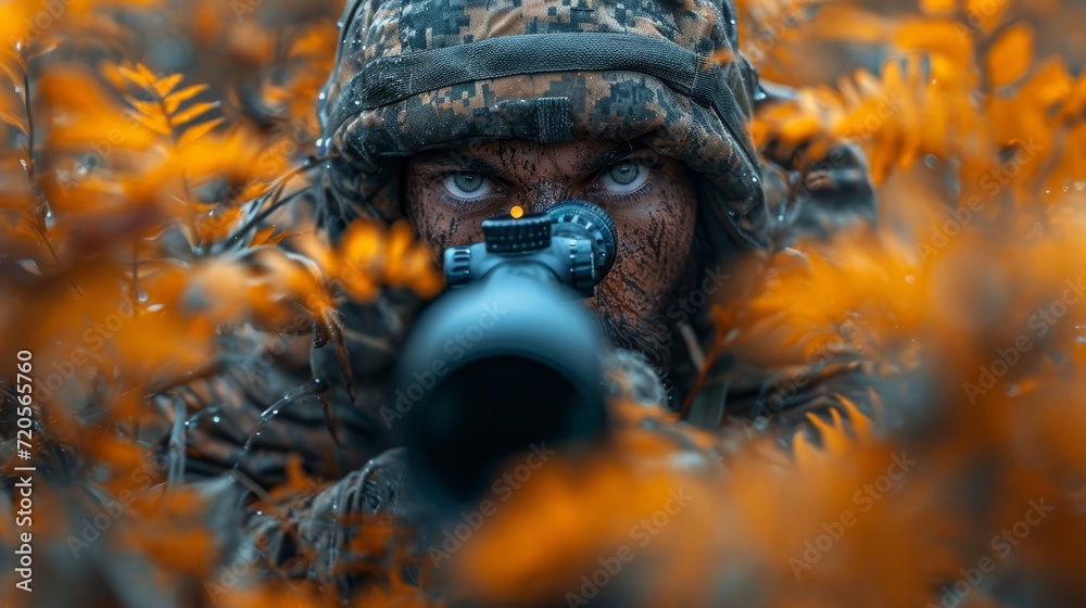 A professional sniper is concealed in a forest, taking aim with a ...