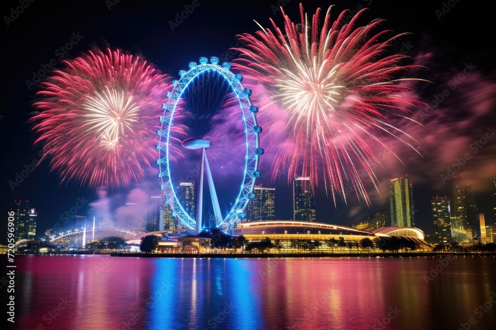 Singapore ferris wheel and fireworks at Marina Bay Sands, Singapore, Night firework display ...