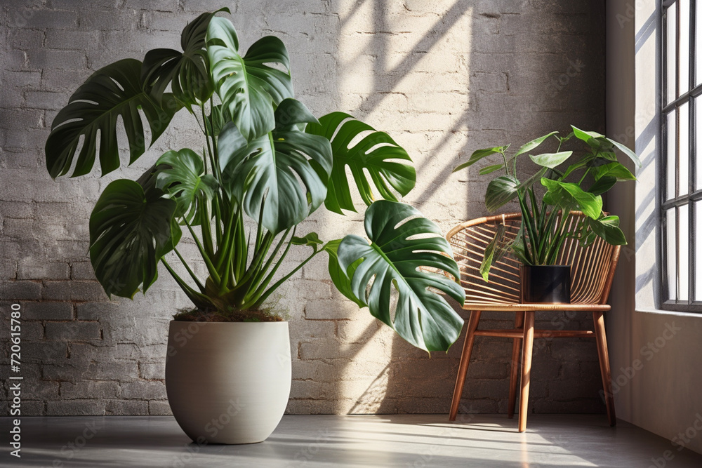 Monstera with leaves in flowerpot, climbing plant. Monstera deliciosa ...