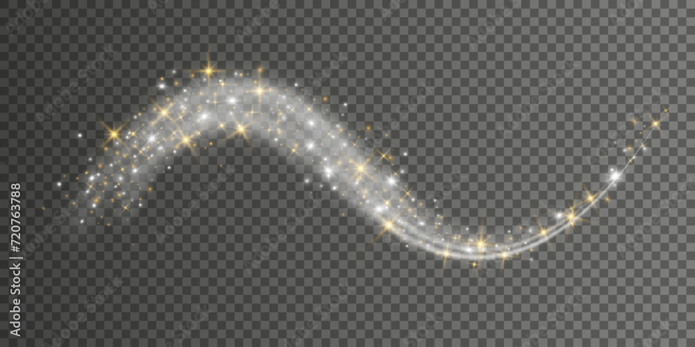 Glitter golden star and light wave. Christmas Holiday banner with glow particle. Sparkle gold ...