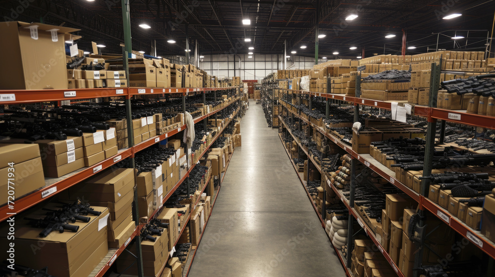 Weapon stored in large military warehouse, perspective view of rack ...