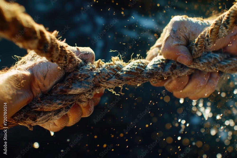 Two hands are shown in a close-up, tightly gripping a rope. This image ...