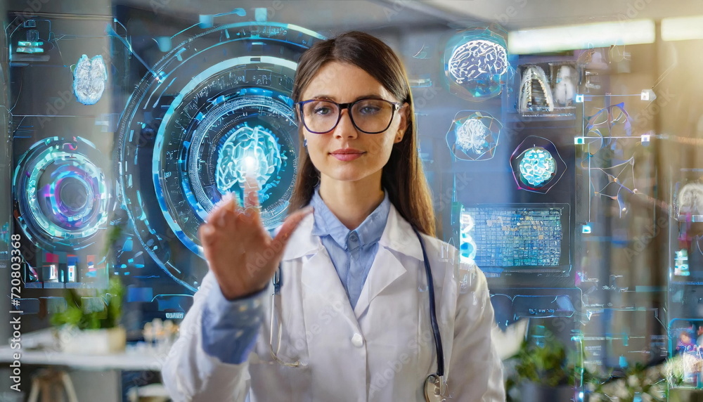 Innovative Self Diagnostics Health Care Concept, female doctor working with virtual screan Stock ...