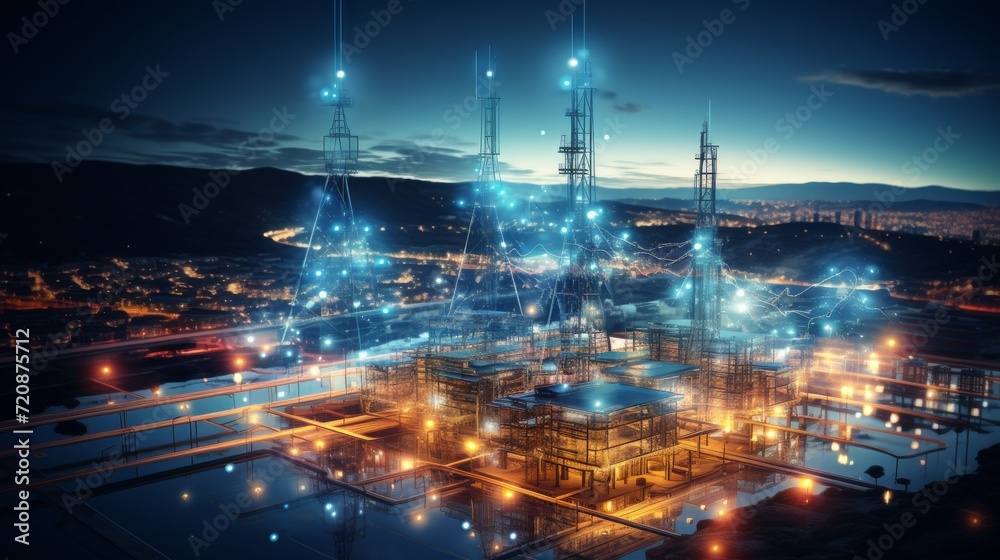 Modern factory, communication network. Telecommunication. IoT, Internet ...