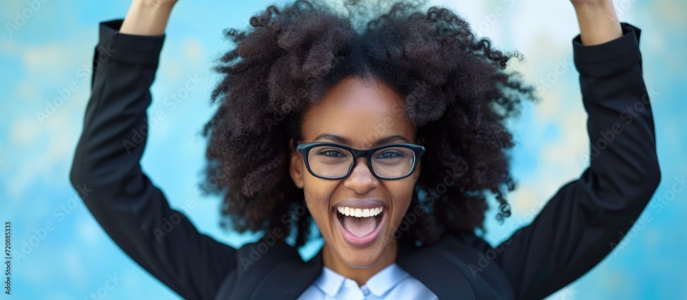 Enthusiastic black woman excited for business success, corporate ...