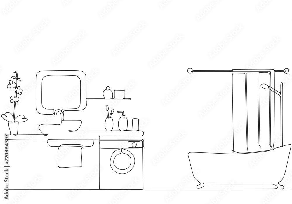 Continuous one line drawing of washbasin cabinet with toilet bowl and ...