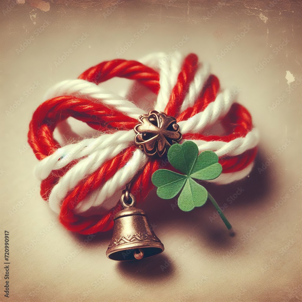 St. Patrick's Day background with shamrock, bells and rope. Martisor is ...