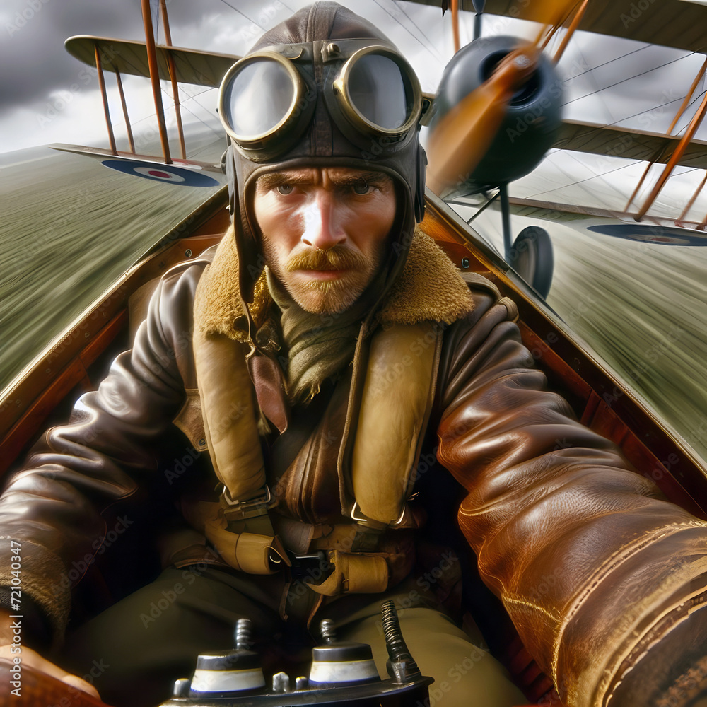 Cockpit view of a gritty looking World War 1 biplane aircraft pilot ...