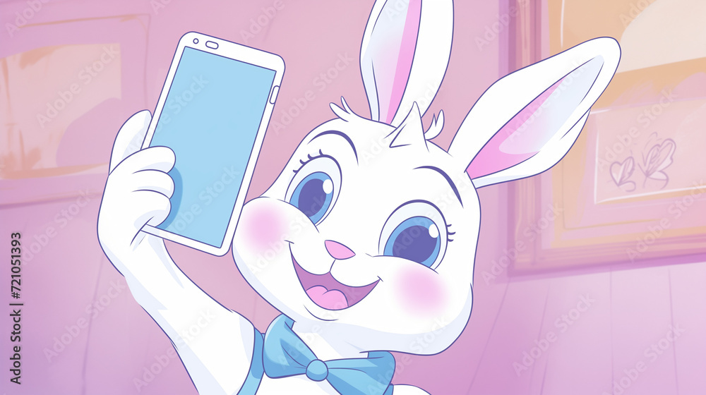 A rabbit poses for a selfie water color, cartoon, hand drawing ...
