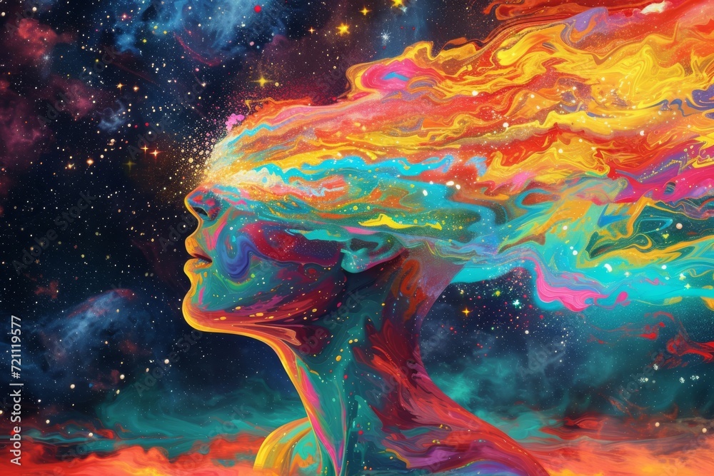 Art. A psychedelic artwork depicting a person's mind expanding into a ...