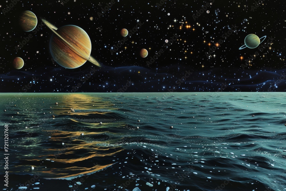Surrealism. A dreamlike scene where planets and stars are floating ...