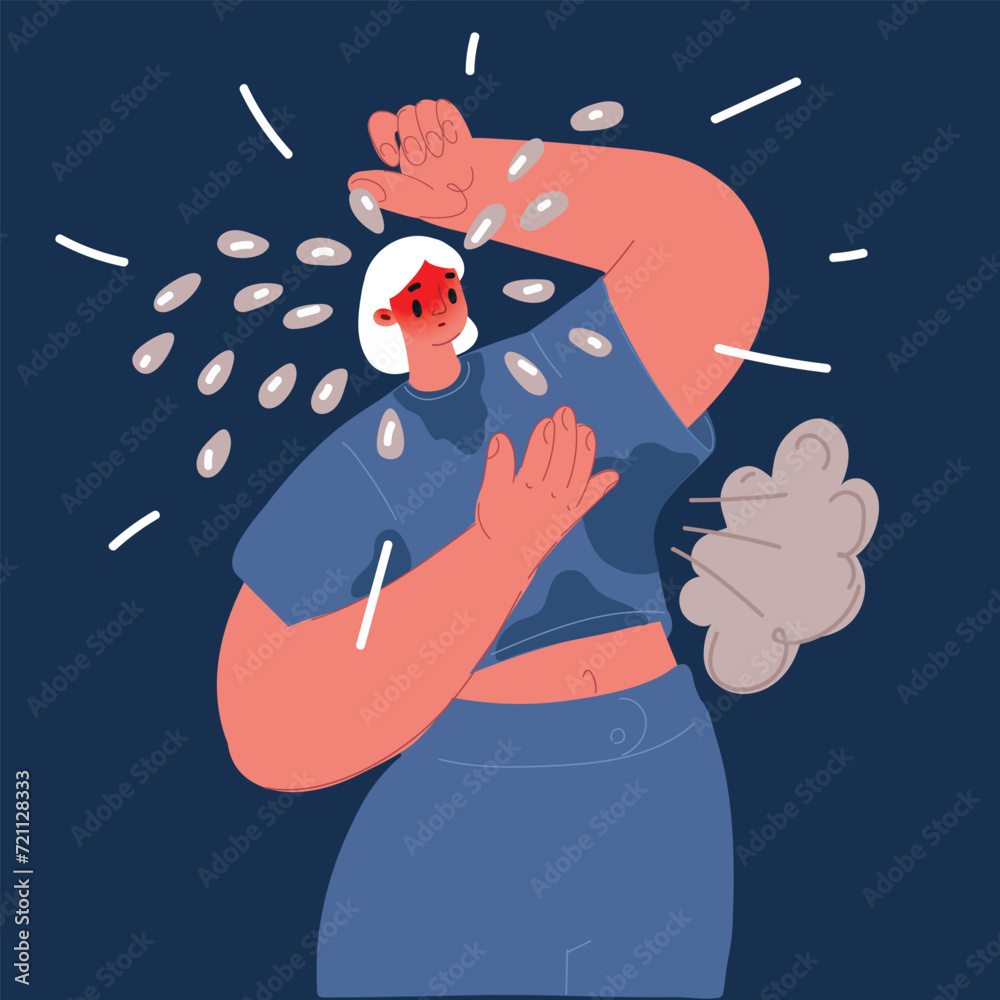 Cartoon vector illustration of Stressed annoyed woman using waving fan ...