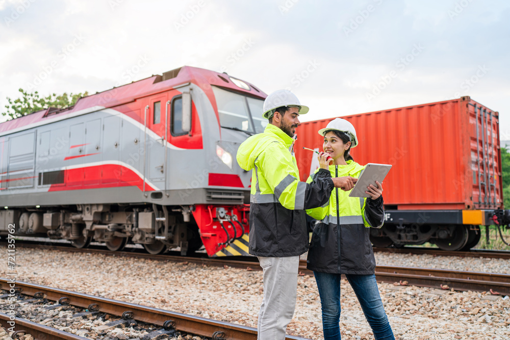 Team of engineer railway wearing safety uniform and helmet under ...